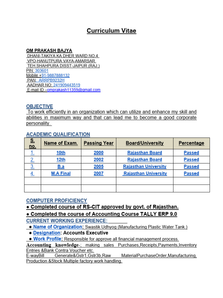 Om Prakash Bajya CV | PDF