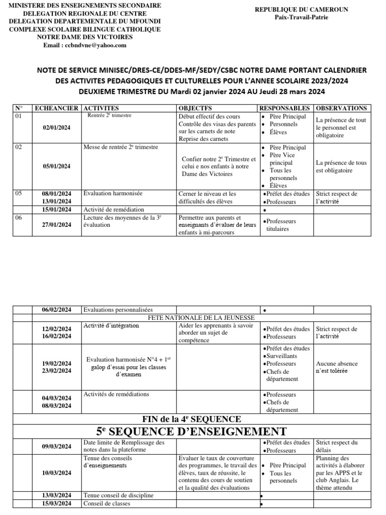 Calandrier 2e Trimestre 2024 | PDF