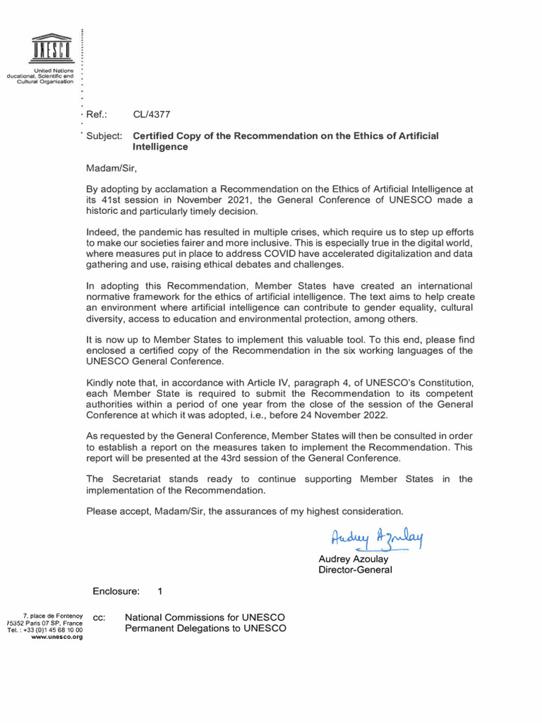 Certified Copy of The Recommendation On The Ethics of Artificial | PDF ...