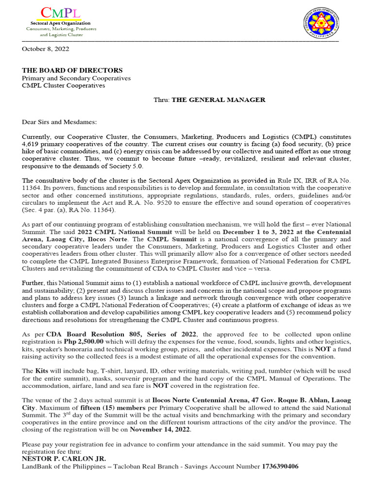 CMPL Summit Letter of Invitation For All Primary and Secondary Cooperatives 1 | PDF