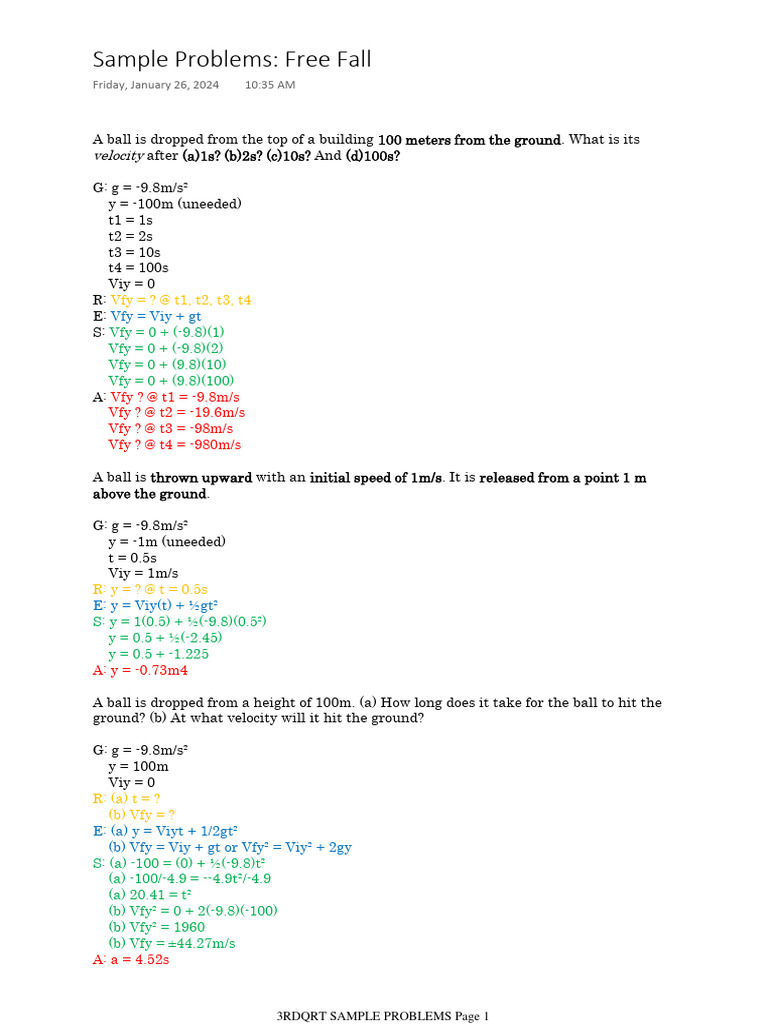 Sample Problems Free Fall | PDF | Quantity | Physics