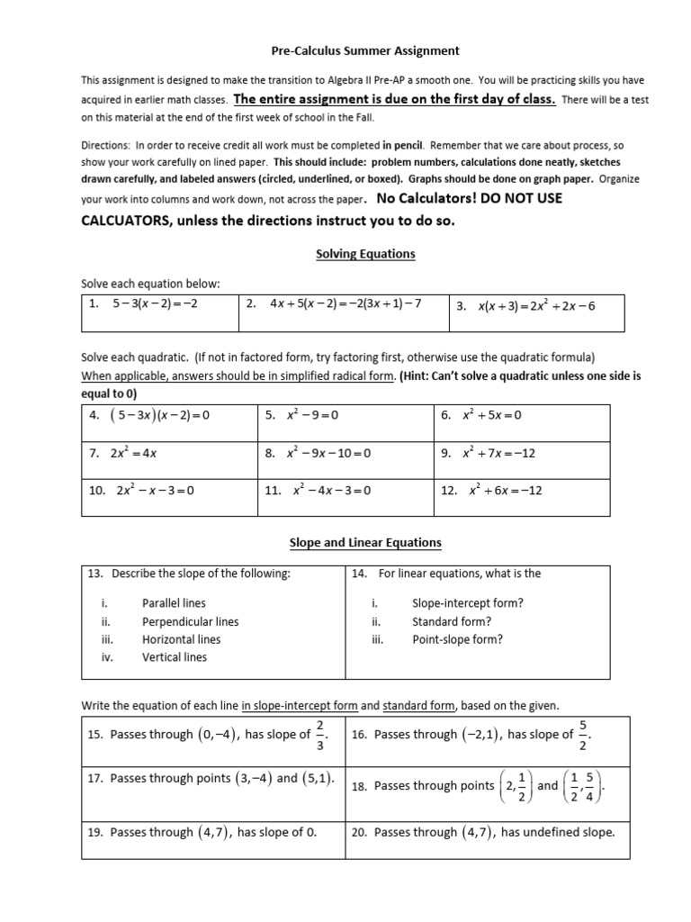 Precalculus Honors Summer Assignment 2022 | PDF | Quadratic Equation ...