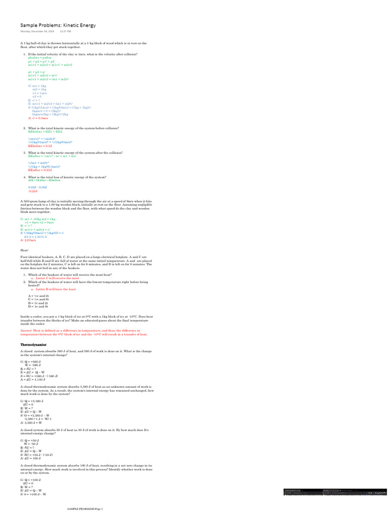 Sample Problems Kinetic Energy | PDF