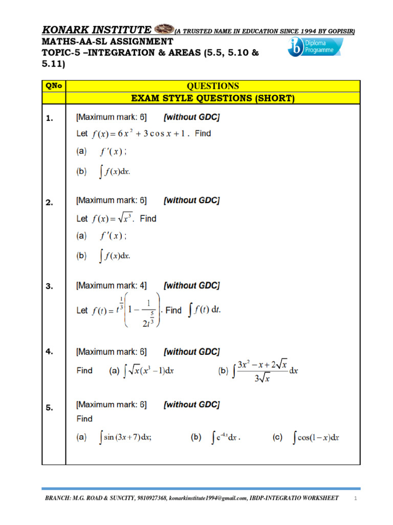 Ibdp-Maths-Aa-Sl-Integration Worksheet 2023-24. | PDF | Mathematical ...
