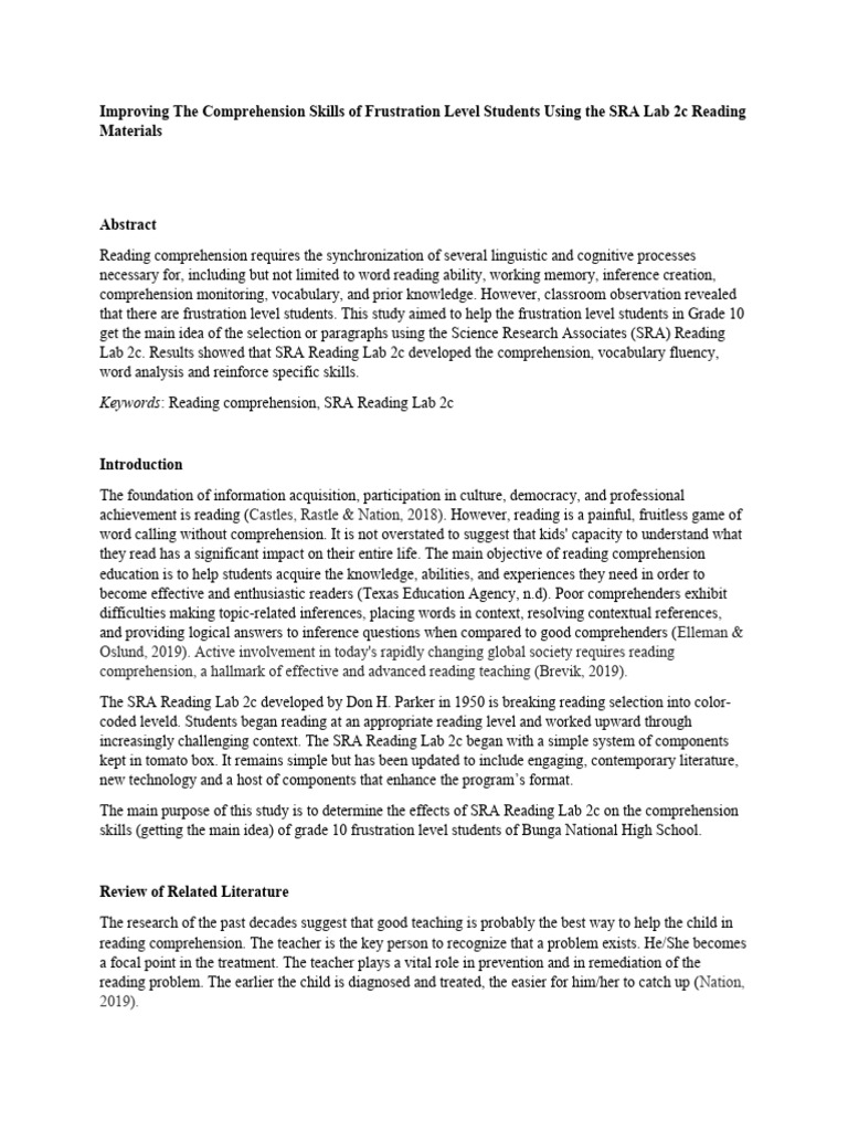 Improving The Comprehension Skills of Frustration Level Students Using The SRA Lab 2c Reading ...
