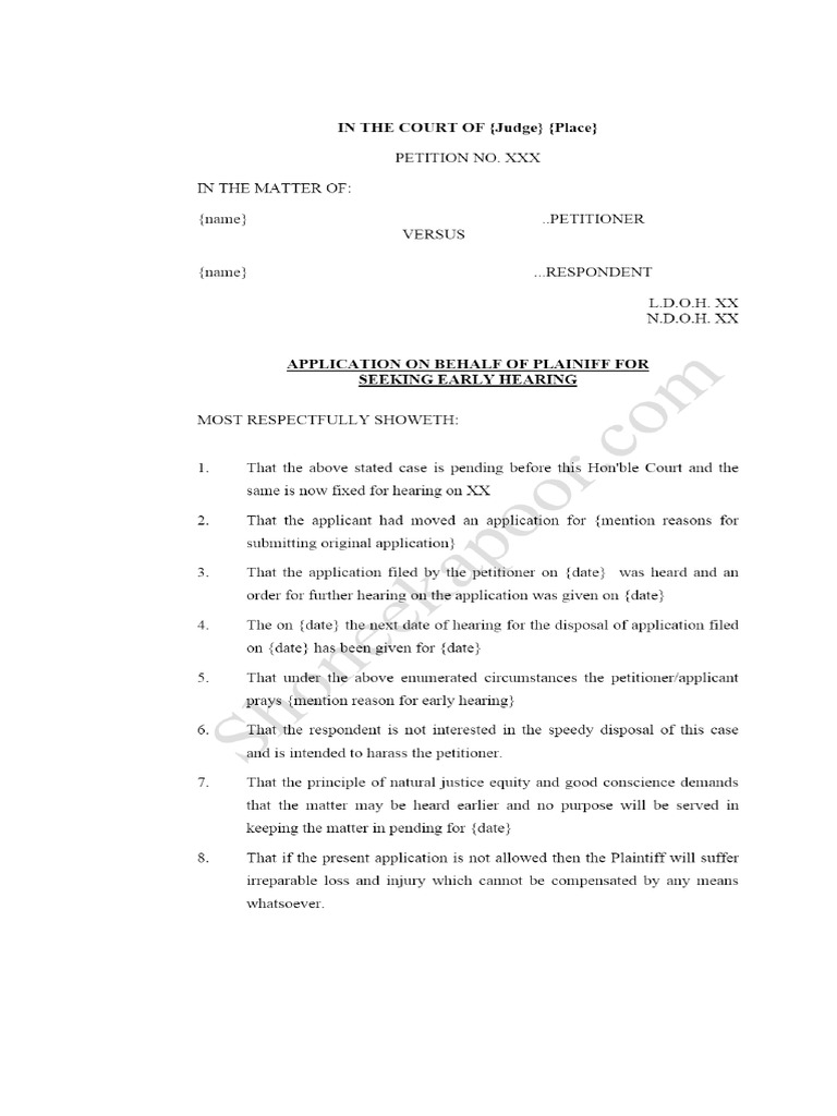 Application on Behalf of Plaintiff for Seeking Early Hearing | PDF