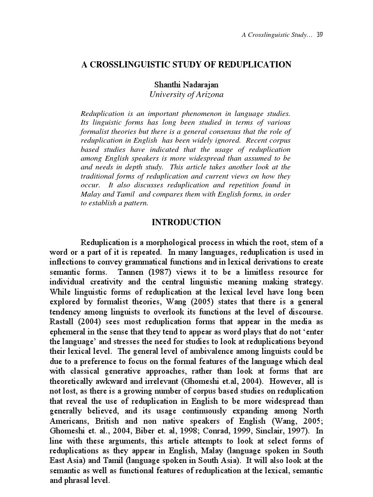A Crosslinguistic Study of Reduplication | PDF | Linguistics | English ...