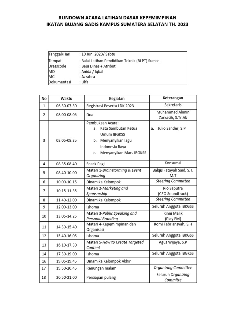 Contoh Rundown Latihan Dasar Kepemimpinan | PDF