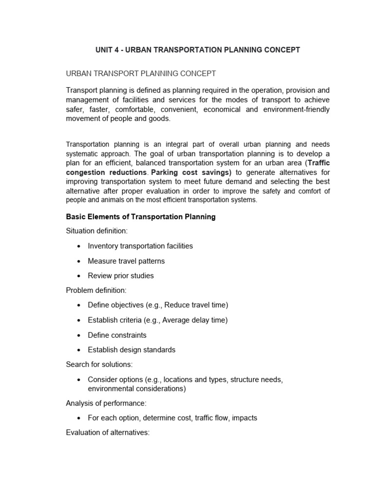 Ce 412 Unit 4 Urban Transportation Planning Concept | PDF