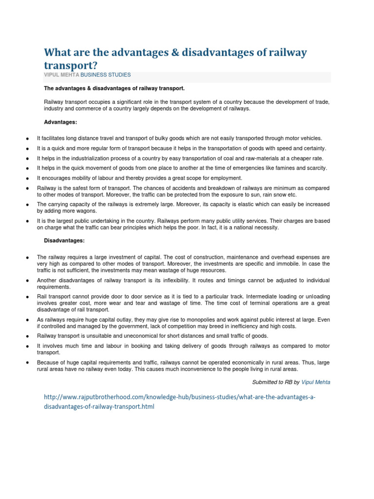 Advantages Disadvantages Railway | Download Free PDF | Transport | Rail Transport