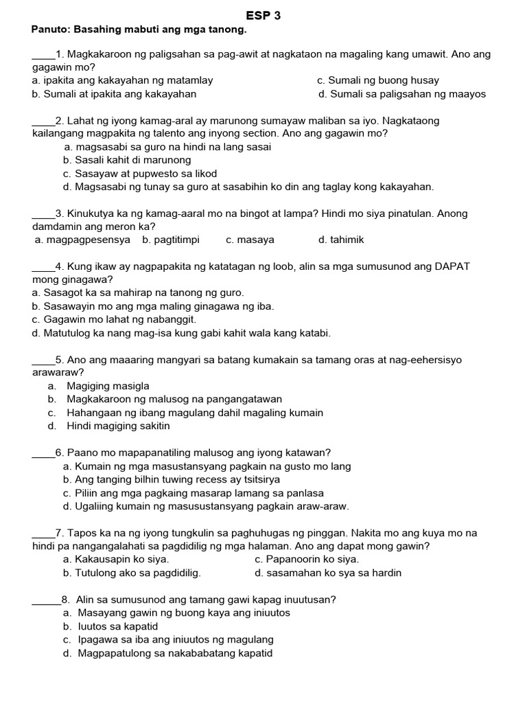 Panuto: Basahing Mabuti Ang Mga Tanong | PDF