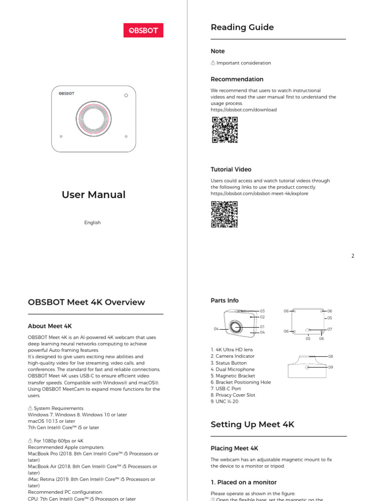 OBSBOT Meet 4K User Manual - EN | PDF | Autofocus | Camera