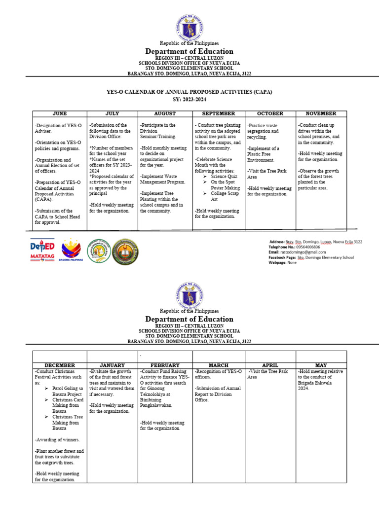 Sto - Dmingo Es-Yes o Calendar of Annual Proposed Activities | PDF