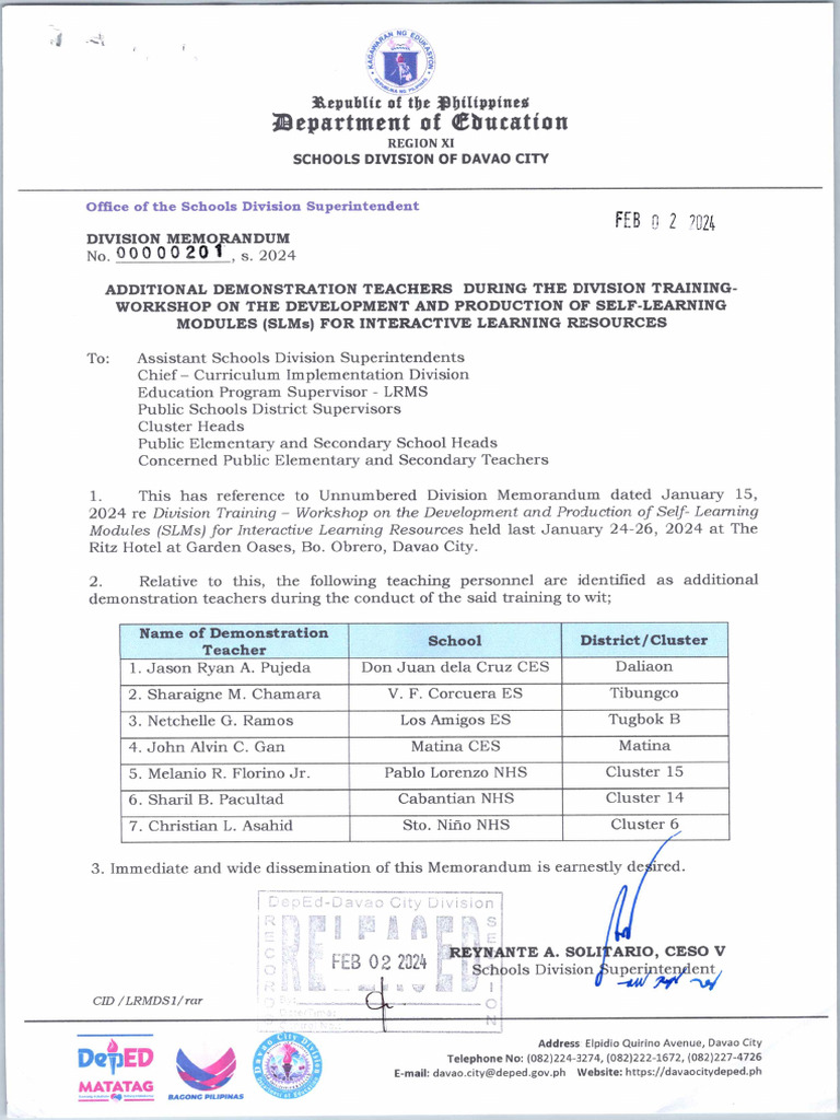 2024-DM No. 201 - ADDITIONAL DEMONSTRATION TEACHERS DURING THE DIVISION ...