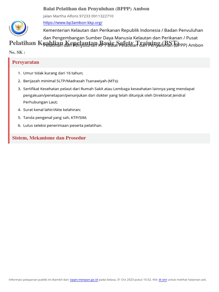 Unduh Standar Pelayanan - Pelatihan Keahlian Kepelautan Basic Safety Training (BST) | PDF