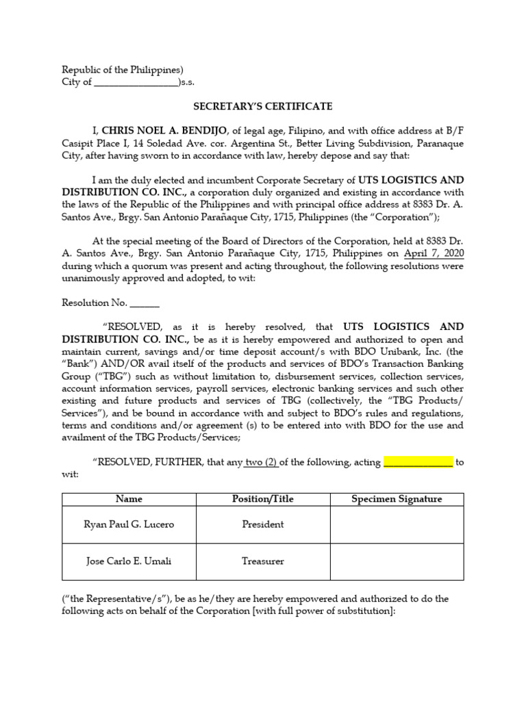 Uts - Sec. Cert. Bdo | PDF