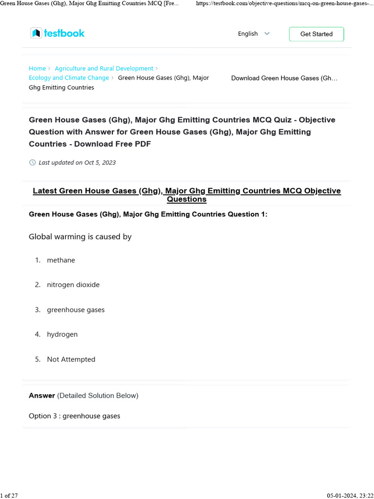 Green House Gases (GHG), Major GHG Emitting Countries MCQ (Free PDF ...