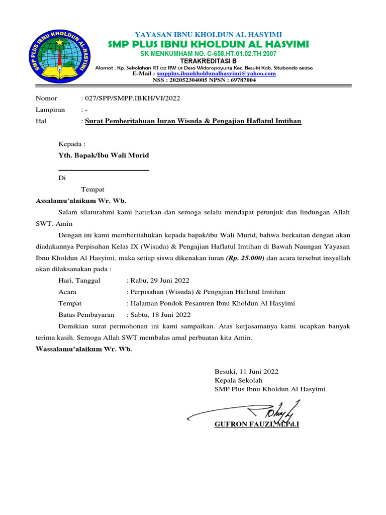 Surat Pemberitahuan Iuran Wisuda & Pengajian 2022 | PDF