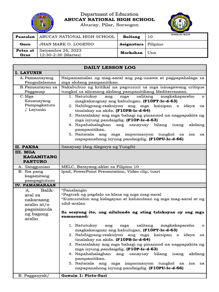 Filipino 10-Unang Markahan 5 | PDF