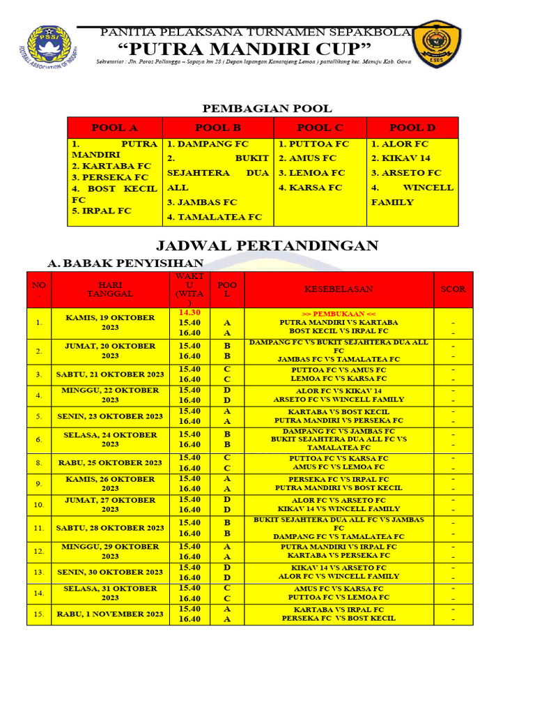 Jadwal Pertandingan Putra Mandiri Cup | PDF