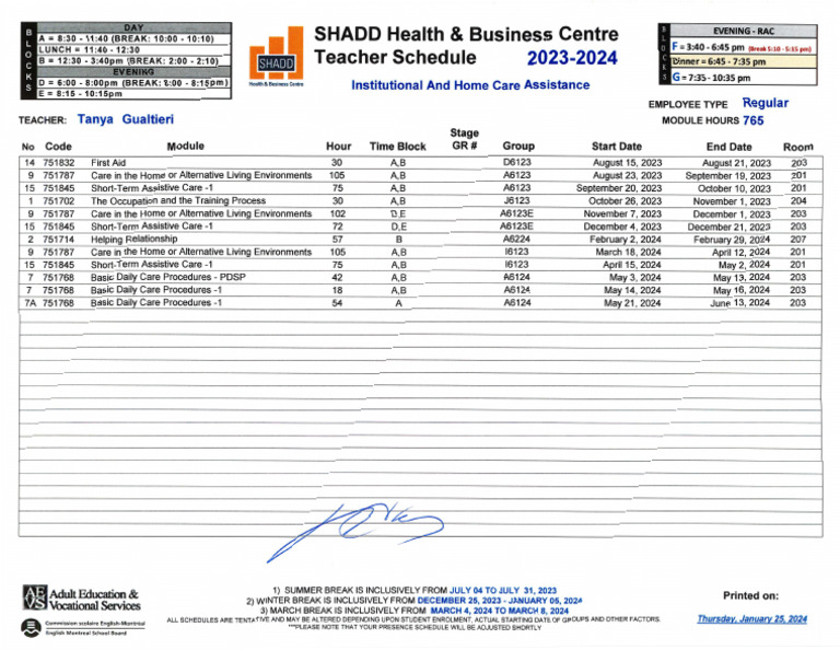 Teachers Schedule 2023-2024 | PDF