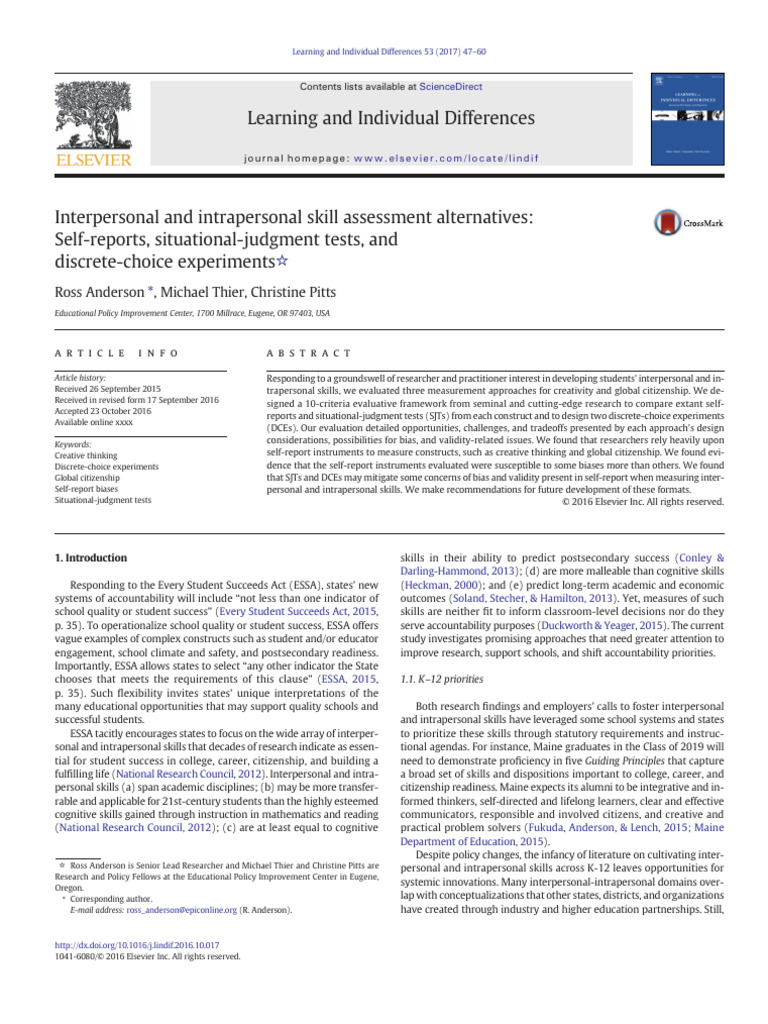 Interpersonal and intrapersonal skill assessment alternatives Self ...