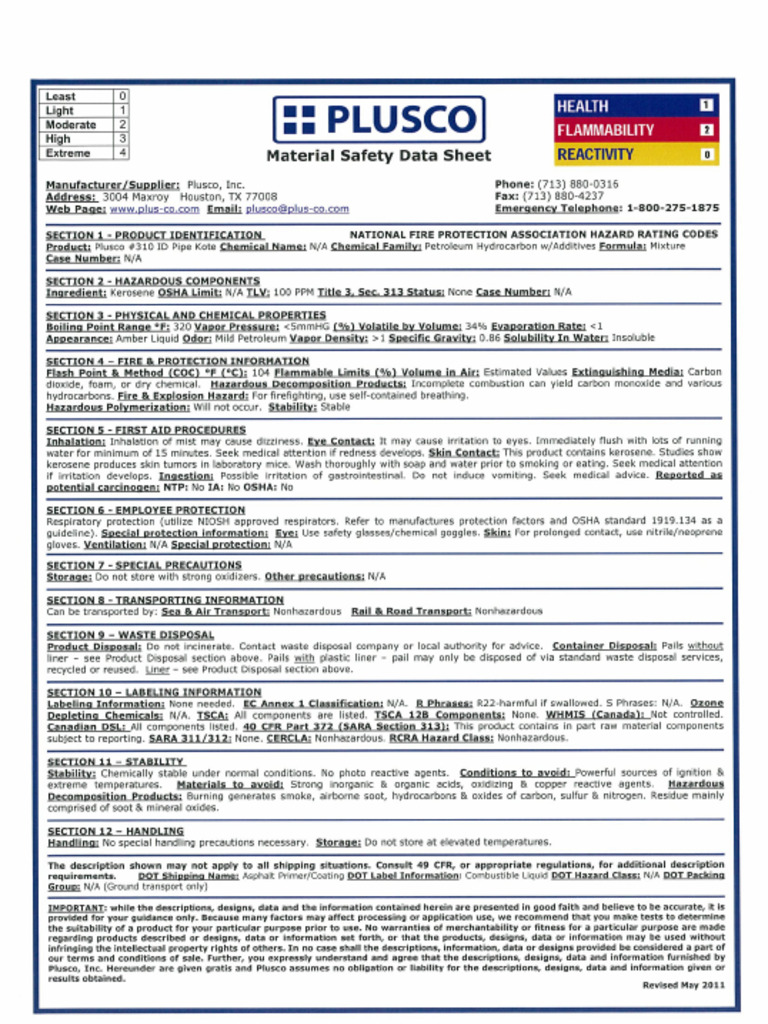 SDS-M-001 - MSDS Plusco 310 | PDF