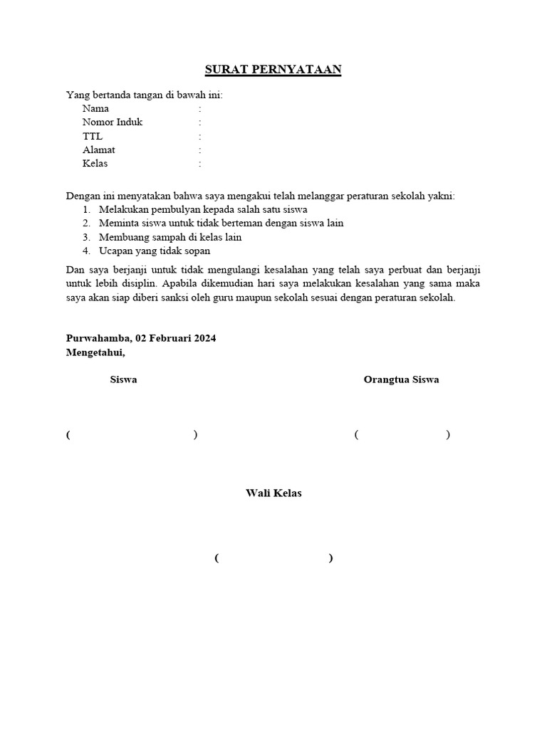 Contoh Surat Pernyataan Siswa Bermasalah Di Sekolah | PDF
