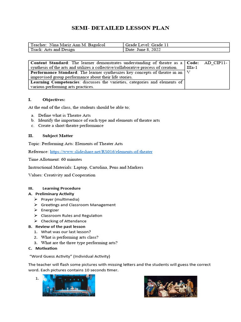 Semi-Detailed Lesson Plan I Shs | Download Free PDF | Lesson Plan | Theatre
