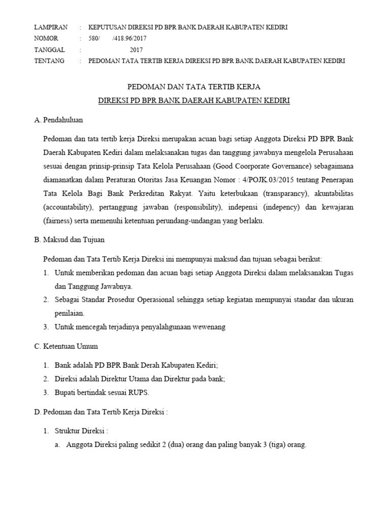 Lampiran Pedoman Dan Tata Tertib Kerja Direksi | PDF
