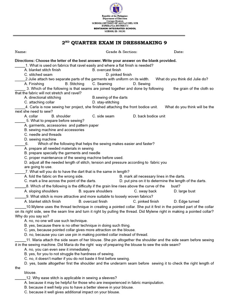 TLE 9 2ND QUARTER EXAM | PDF | Seam (Sewing) | Sewing