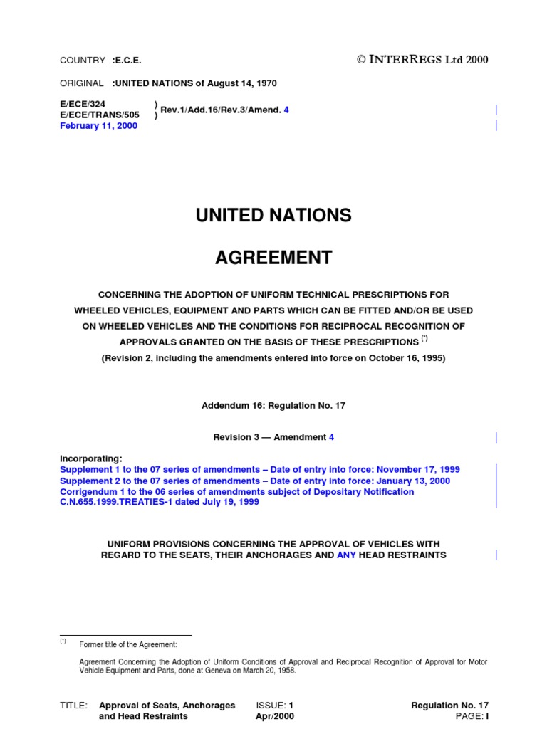 United Nations Agreement: Country:E.C.E. ORIGINAL:UNITED NATIONS of ...