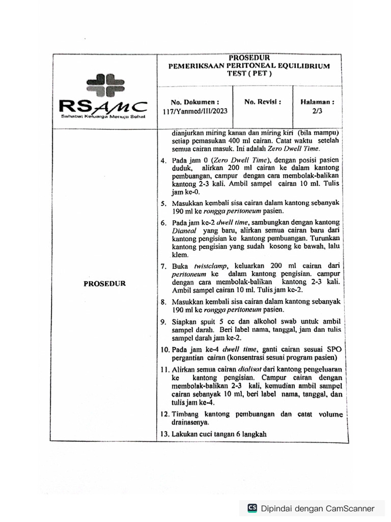 Prosedur Pemeriksaan Peritoneal Equibrium Test (PET) | PDF
