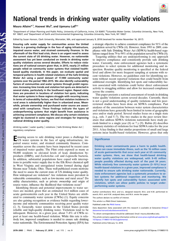 Allaire Et Al 2018 National Trends In Drinking Water Quality Violations Pdf Drinking Water