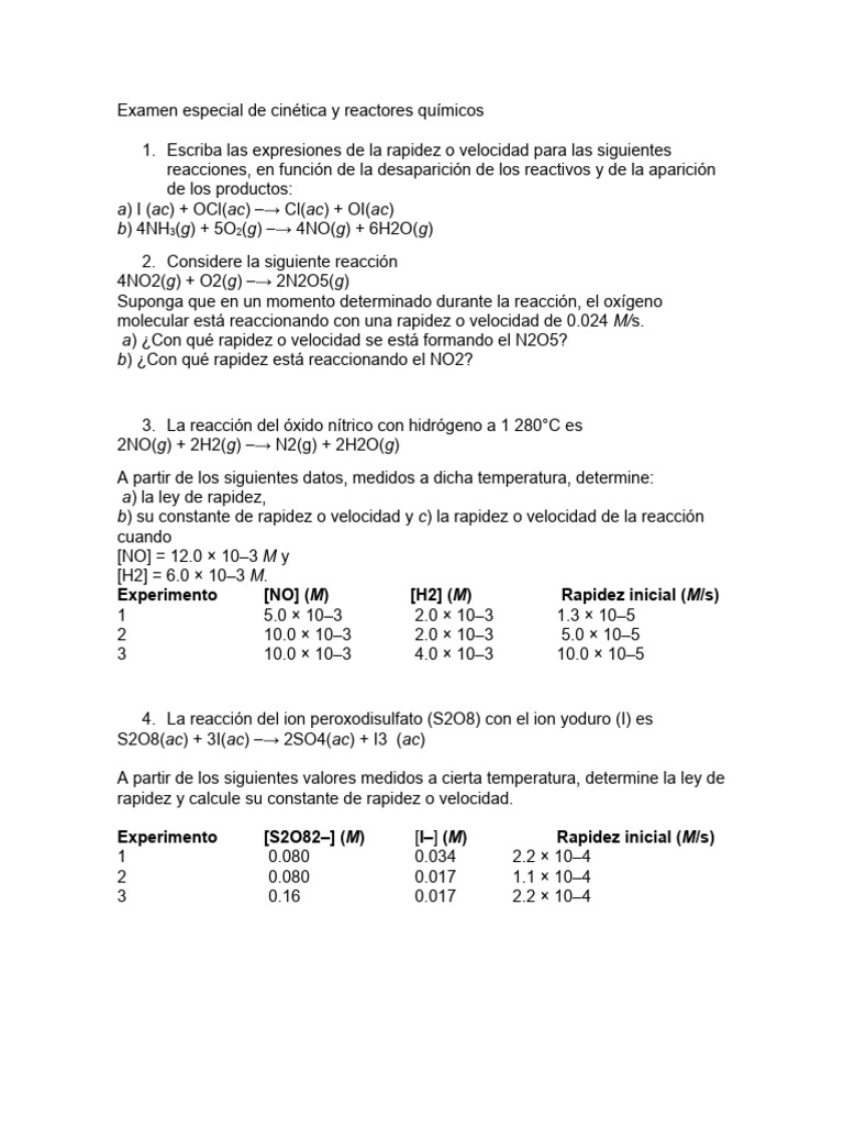 Examen especial de cinética y reactores químicos (unidad II) | PDF