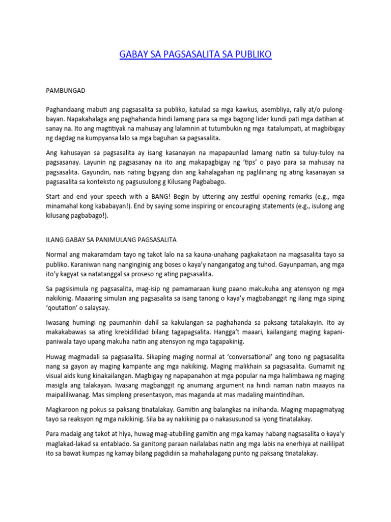Gabay sa Pagsasalita sa Publiko | PDF Gabay sa Pagsasalita sa Publiko | PDF