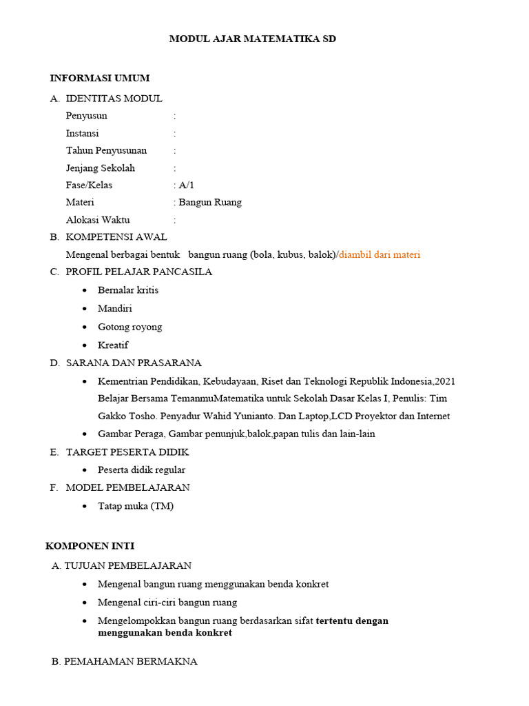Modul Ajar MTK Kls 1 | PDF