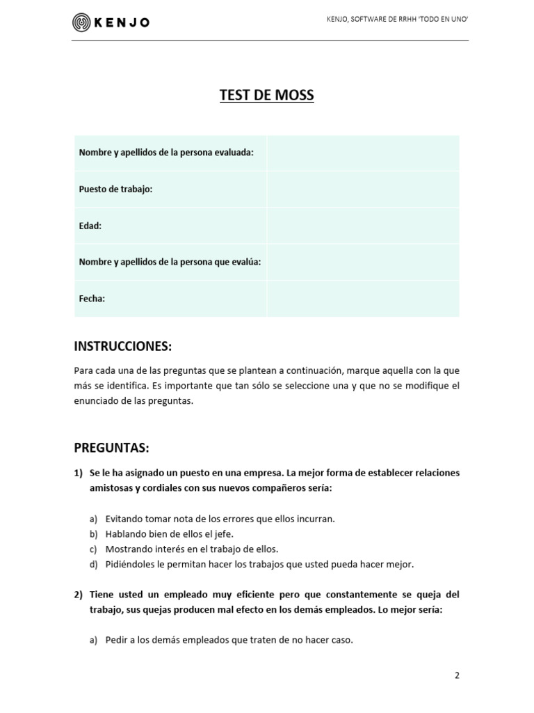 Prueba Psicométrica Selección Personal MOSS | PDF