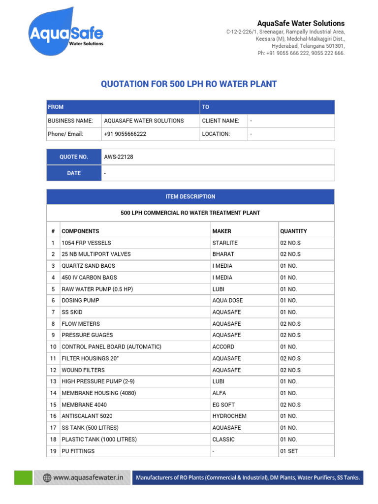 500 LPH RO Water Plant Quotation PDF Basic | PDF