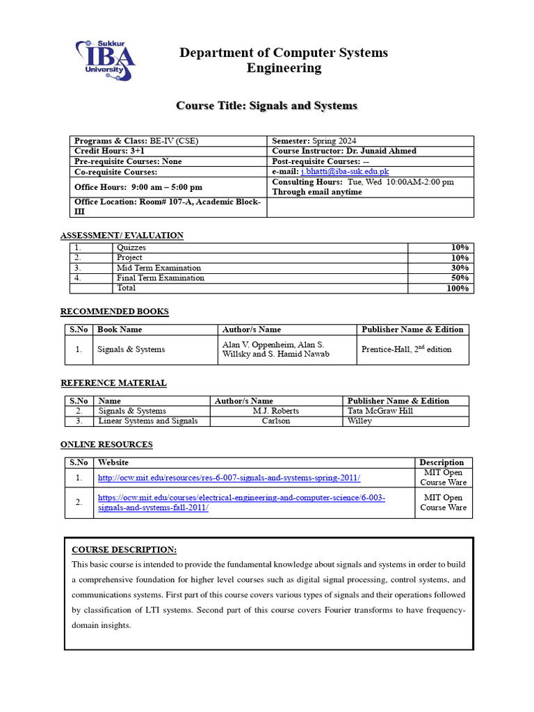 Signals Systems Course Outline BE-IV Spring 2024 | PDF | Fourier ... Signals Systems Course Outline BE-IV Spring 2024 | PDF | Fourier ...