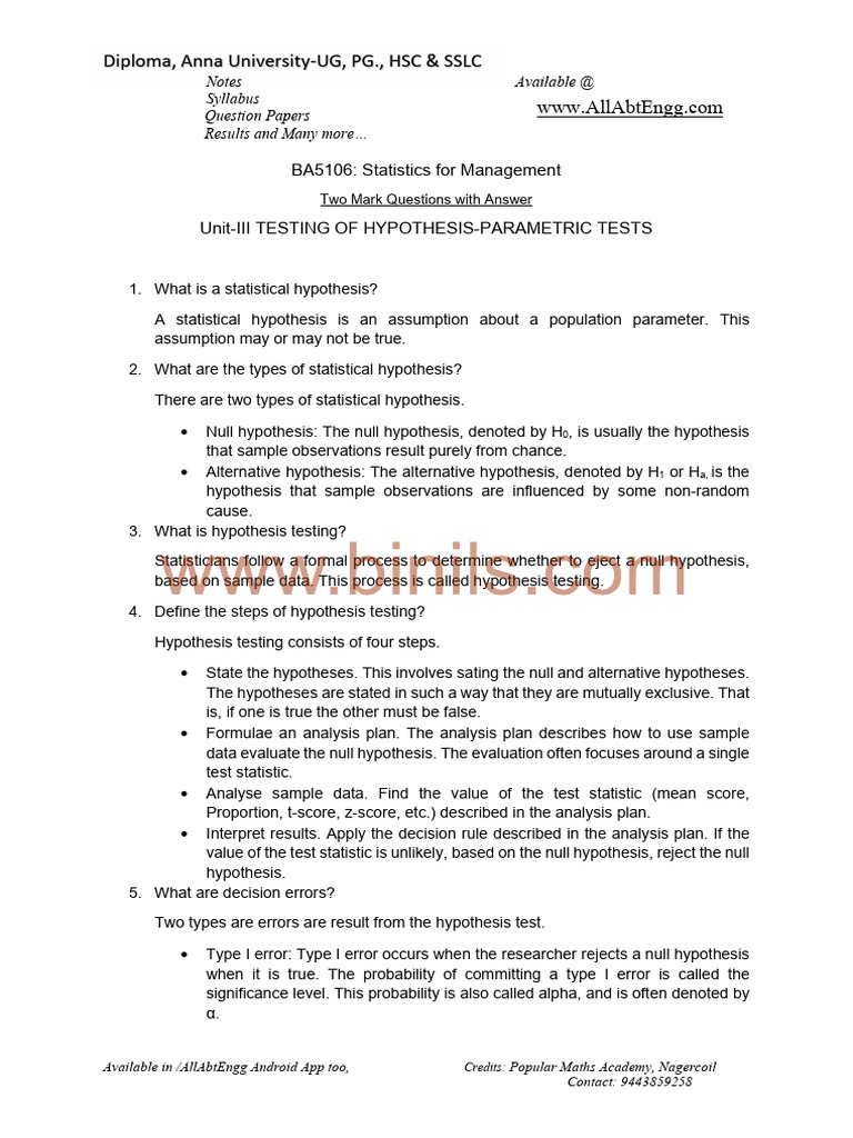 Statistics For Management Unit 3 2marks | Download Free PDF ...