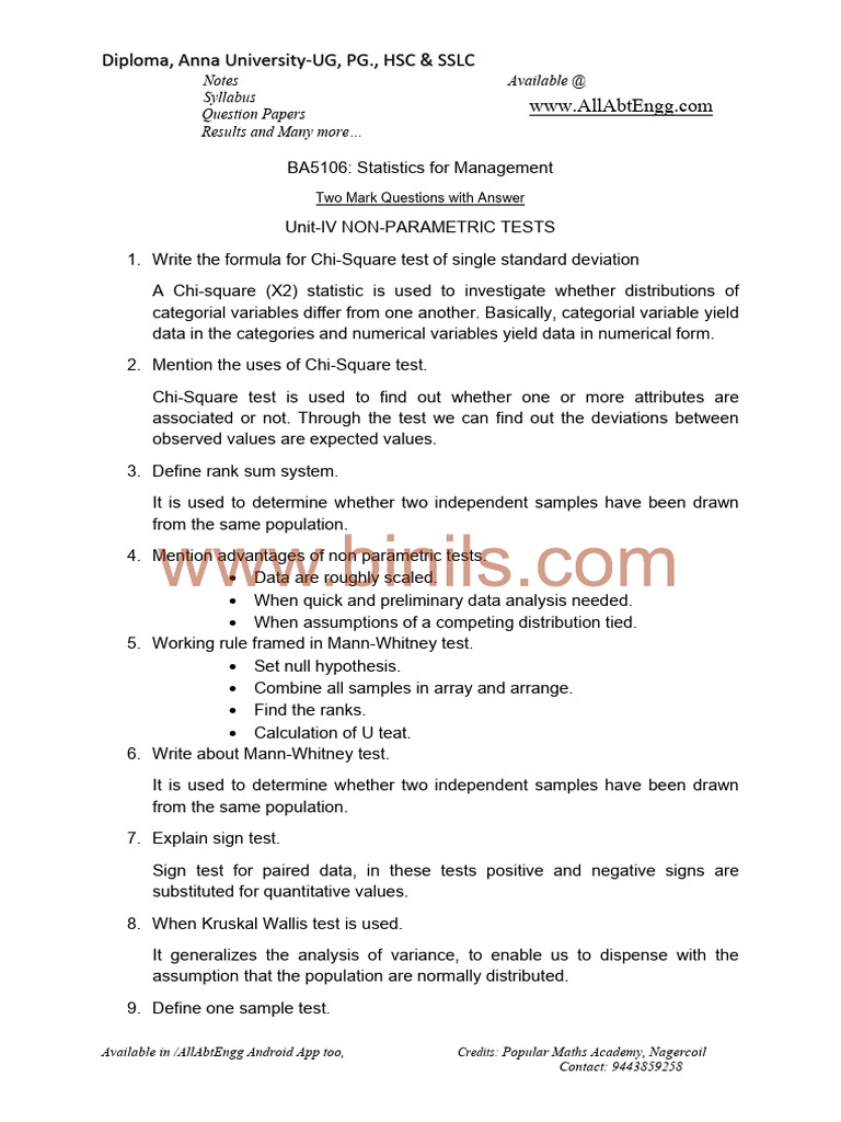 Statistics For Management Unit 4 2marks | PDF