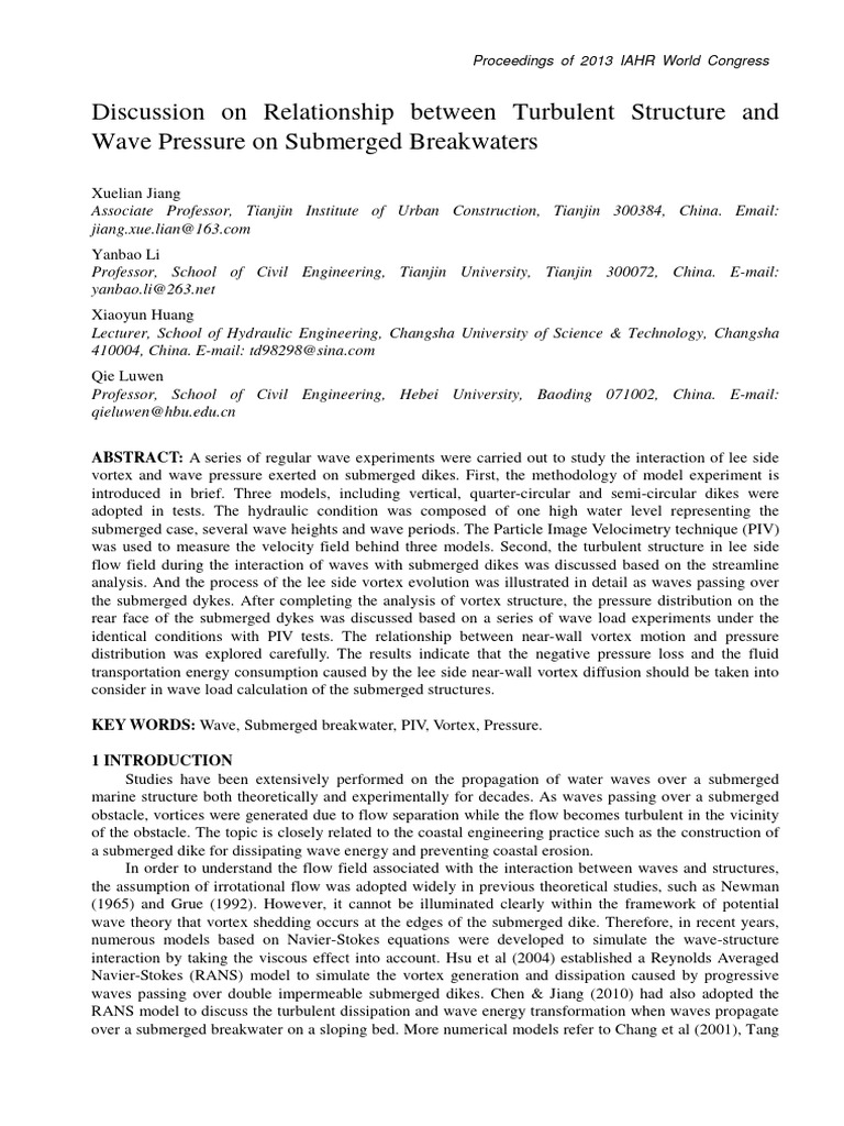 2013 Discussion On Relationship Between Turbulent Structure And Wave Pressure On Submerged