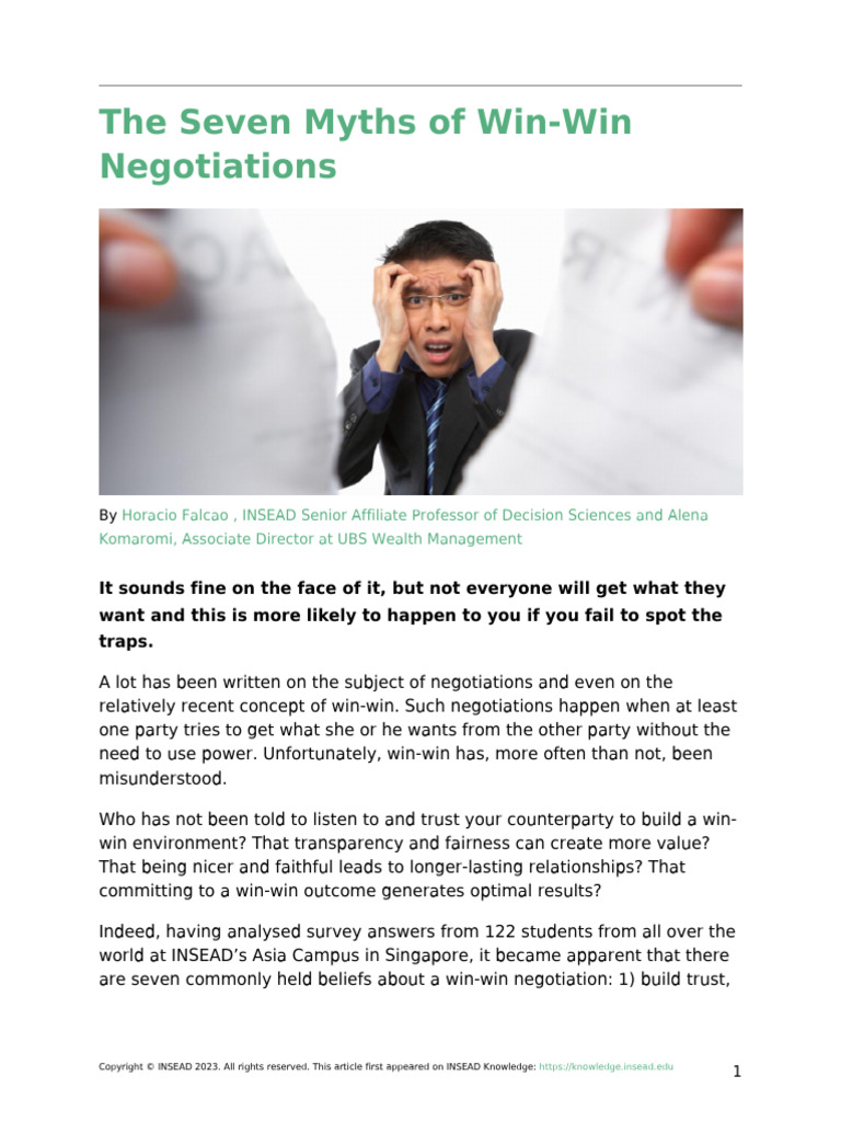 The Seven Myths of WinWin Negotiations | PDF | Negotiation | Risk