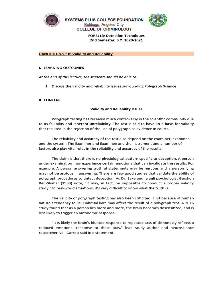 Polygraph Validity and Reliability Issues | PDF | Polygraph | Validity (Statistics)