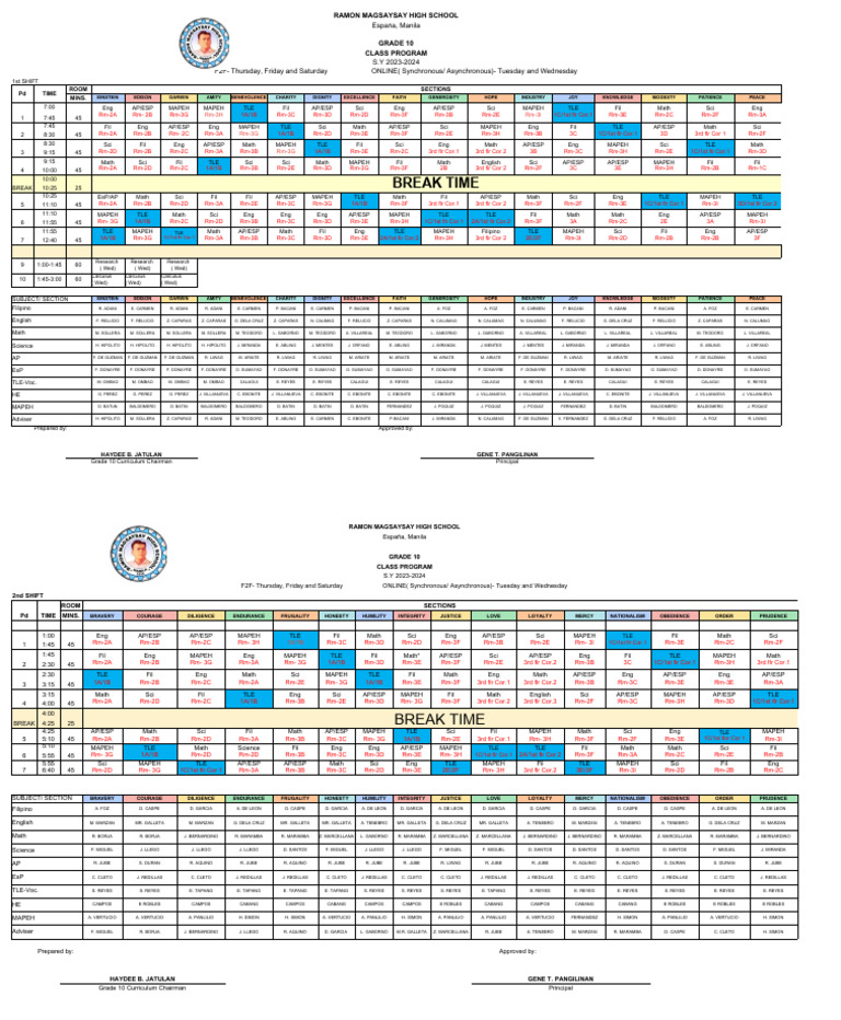Grade 10 Class Schedule SY 2023 2024 2 2 | Download Free PDF ...