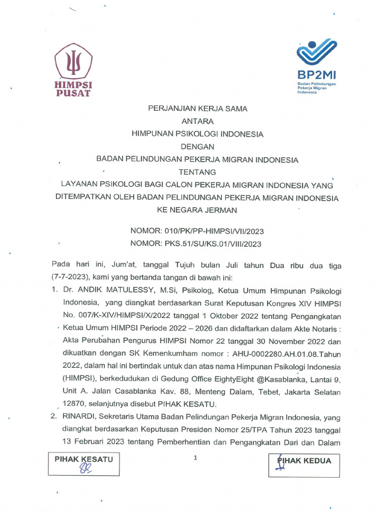 PKS Antara Himpunan Psikologi Indonesia Dengan BP2 | PDF