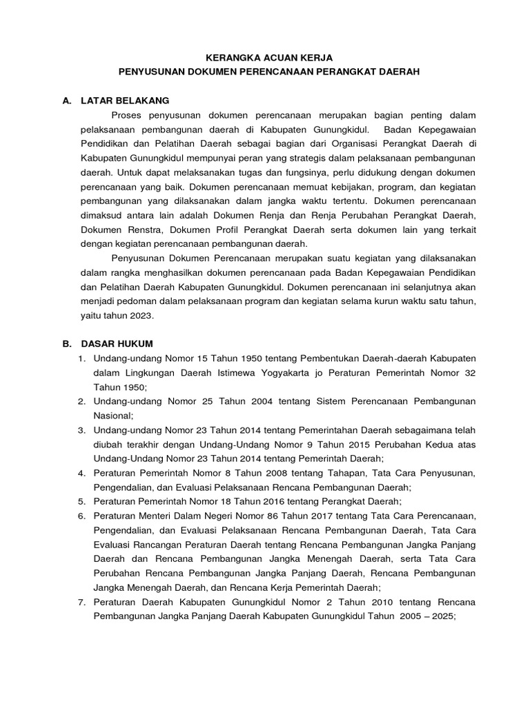 Kak Penyusunan Dokumen Perencanaan Perangkat Daerah | PDF | Pengelolaan Keuangan & Uang