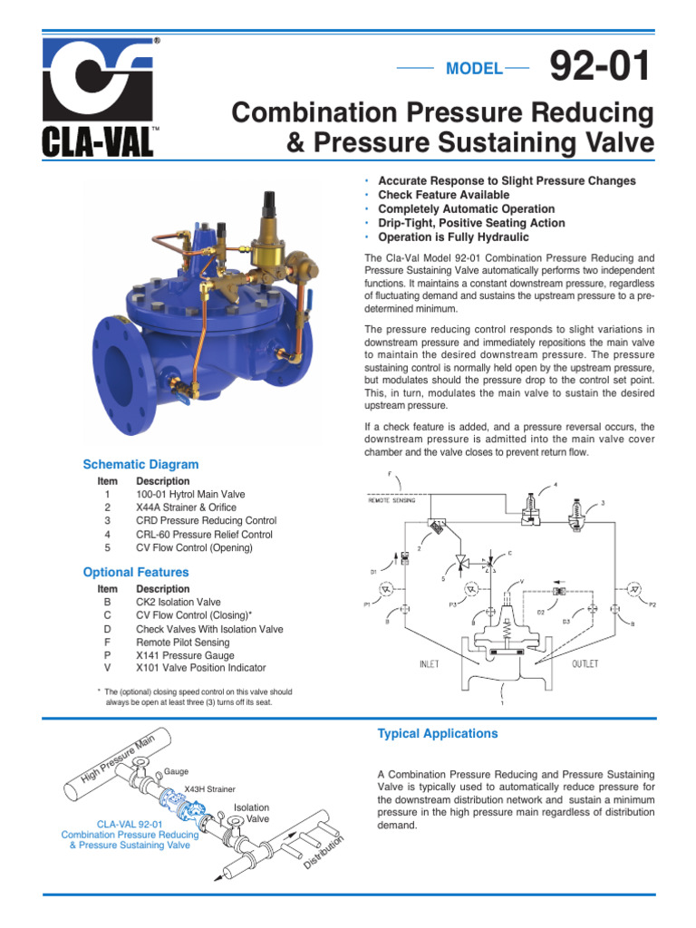92-01 Combination Pressure Reducing & Sustaining Valve CLAVAL | PDF | Valve | Gas Technologies