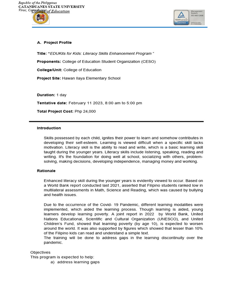 OUTREACH-PROJECT-PROPOSAL | PDF | Literacy | Learning